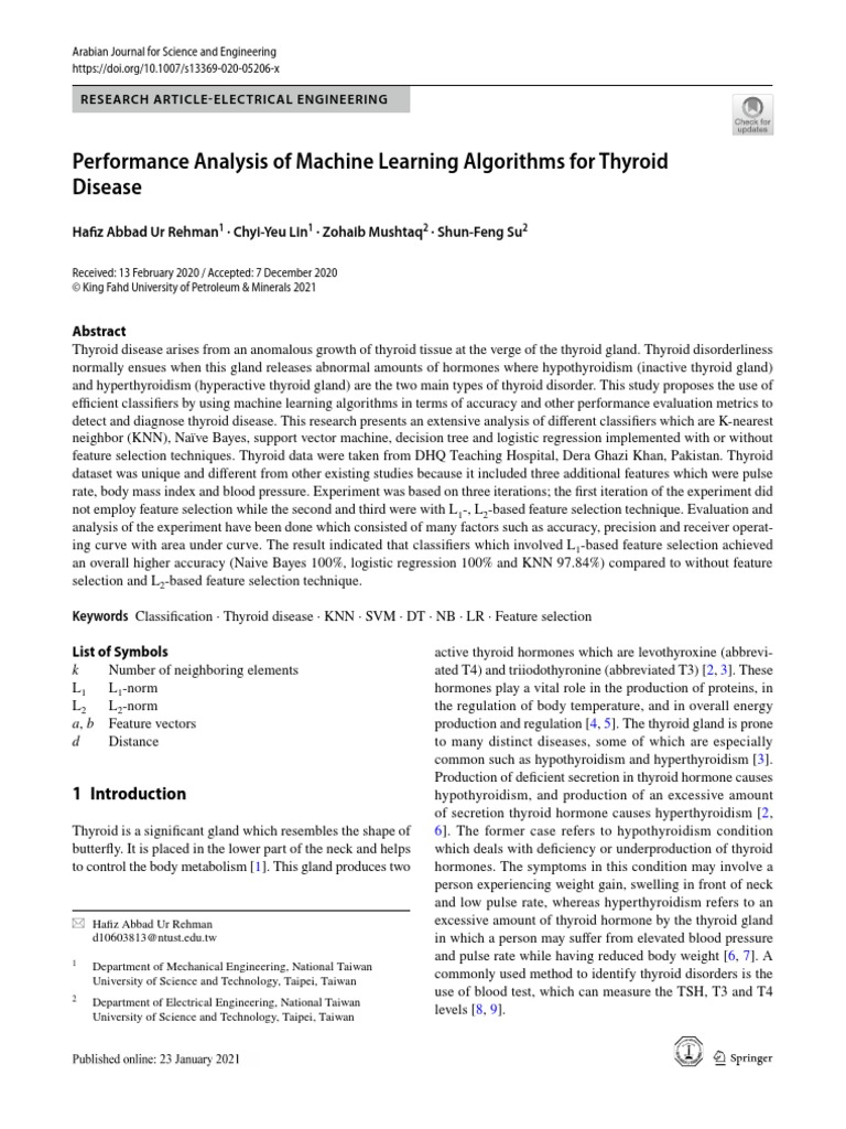 Performance Analysis of Machine Learning Algorithms For Thyroid Disease | PDF | Receiver ...