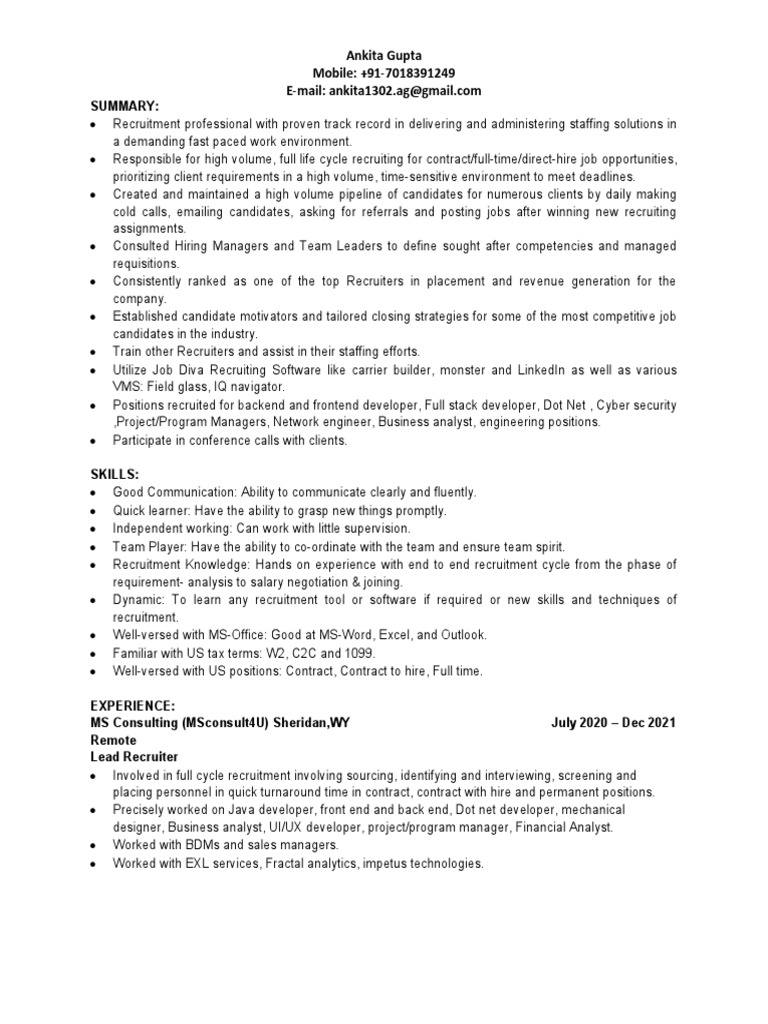 Ankita Resume | PDF | Recruitment | Linked In