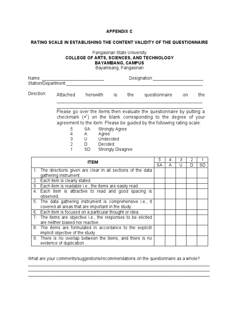 Appendix C: Questionnaire Validation Scale | PDF