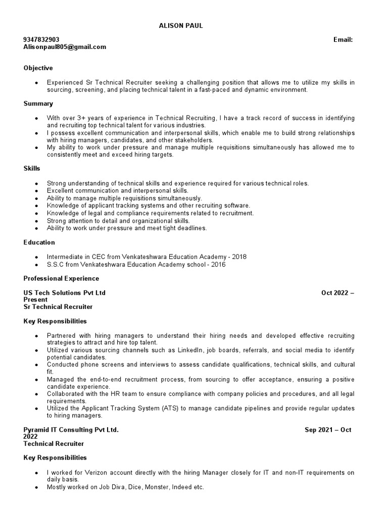 Alison Paul | Download Free PDF | Recruitment | Résumé