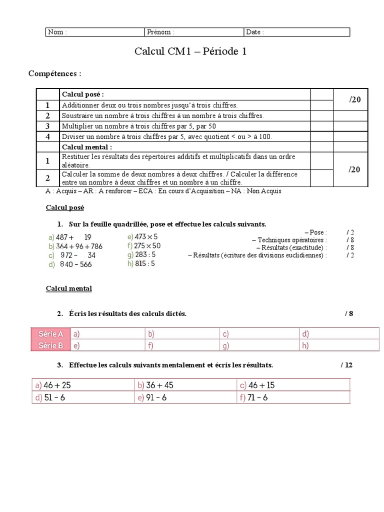 Évaluation de Calcul CM1 - Période 1 | PDF