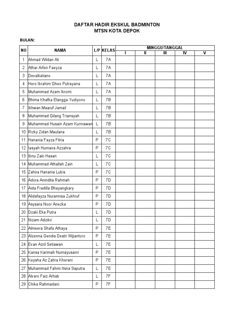 Contoh Absensi Badminton | PDF