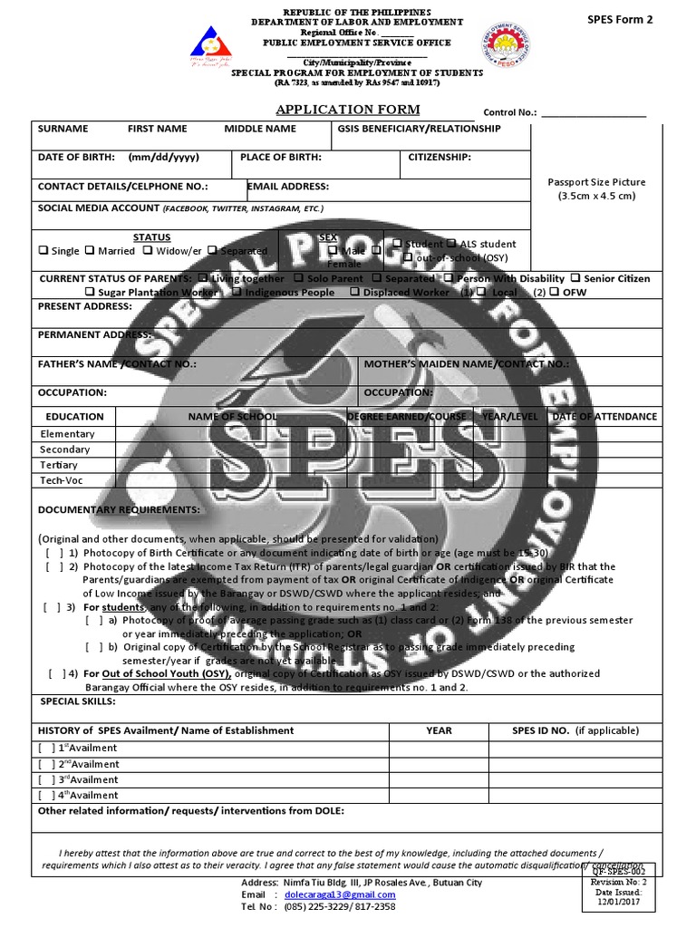 SPES Form 2 - Application Form | PDF