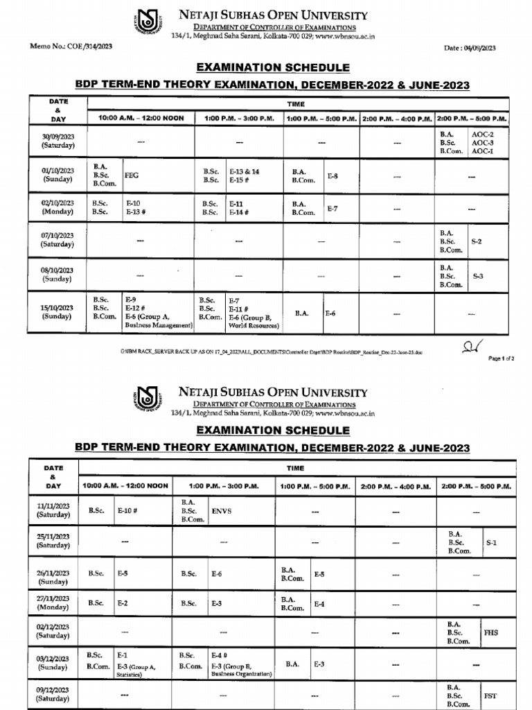 Exam Schedule BDP TEE Theory Dec2022 & June2023 | PDF