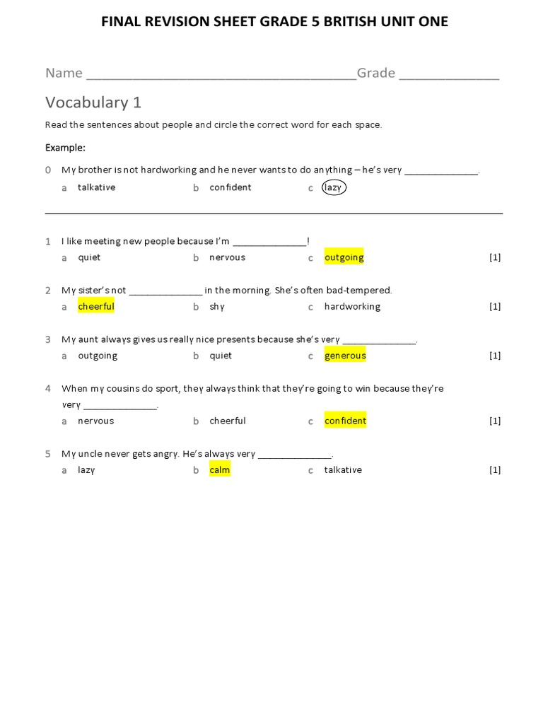 Final Revision Sheet Grade 5 British Unit One Answered | PDF