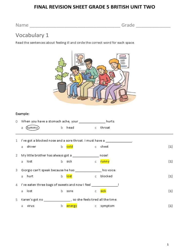 Final Revision Sheet Grade 5 British Unit Two Answered | PDF