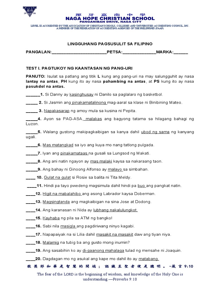 Lingguhang Pagsusulit Sa Filipino #3 | PDF