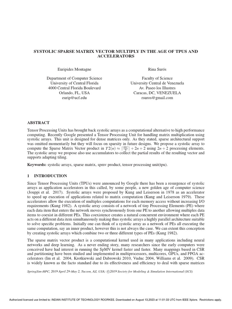 Systolic Sparse Matrix Vector Multiply In The Age Of Tpus And Accelerators Pdf Matrix