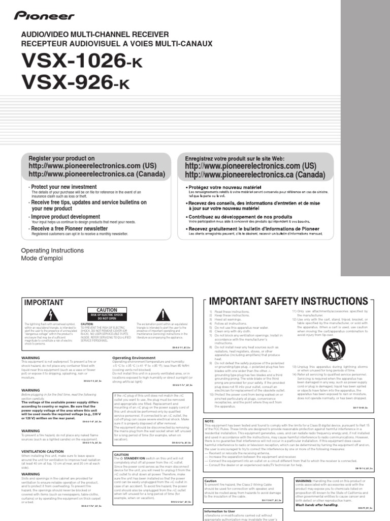 VSX-1026 VSX-926: Audio/Video Multi-Channel Receiver | PDF | Ac Power ...