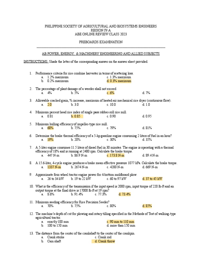 Preboards Exam Part I Answer Key 2 | PDF | Engines | Machines