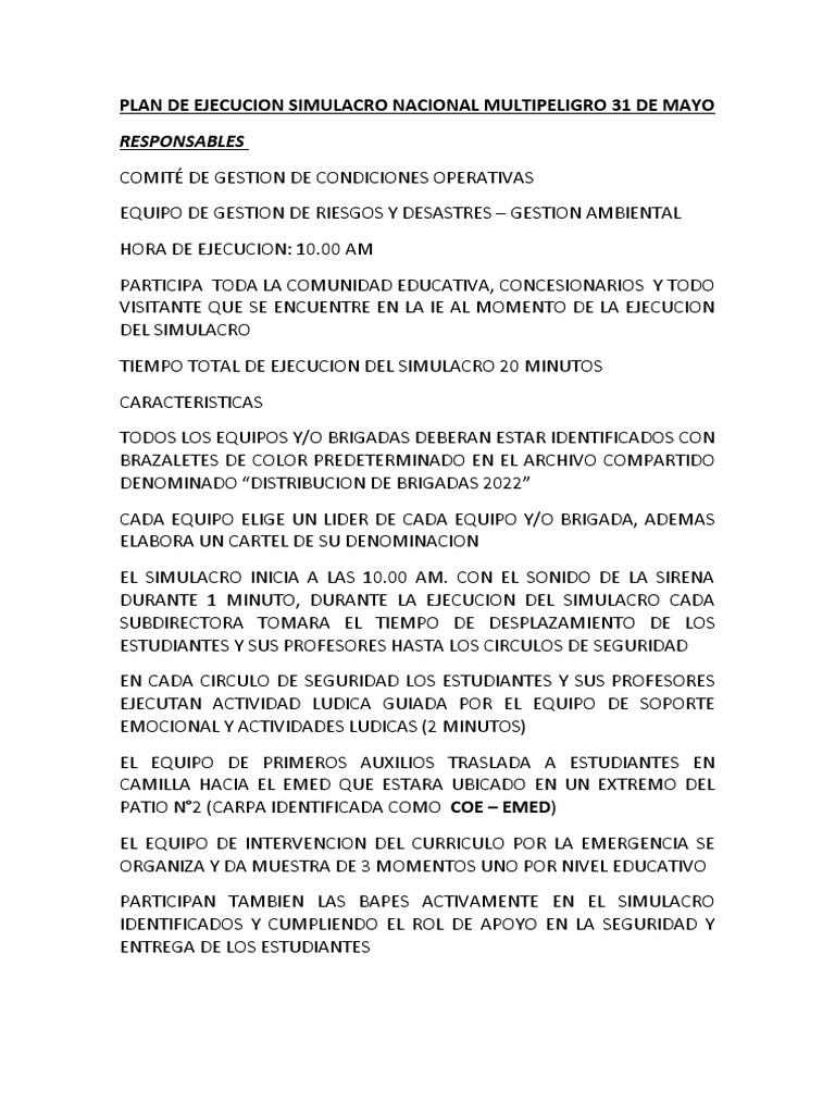 Plan de Ejecucion Simulacro Nac Multipeligro 31 Mayo 2023 | PDF