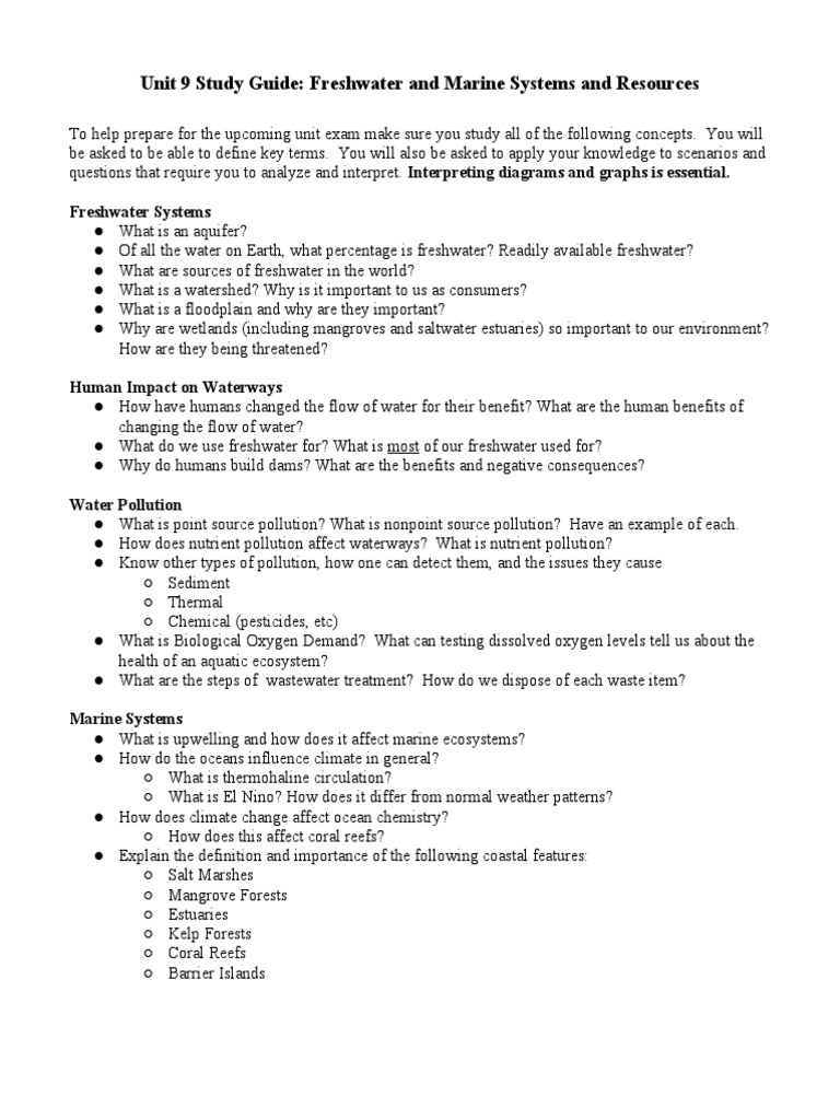 Unit 9 Study Guide - Freshwater and Marine Resources | PDF ... Unit 9 Study Guide - Freshwater and Marine Resources | PDF ...