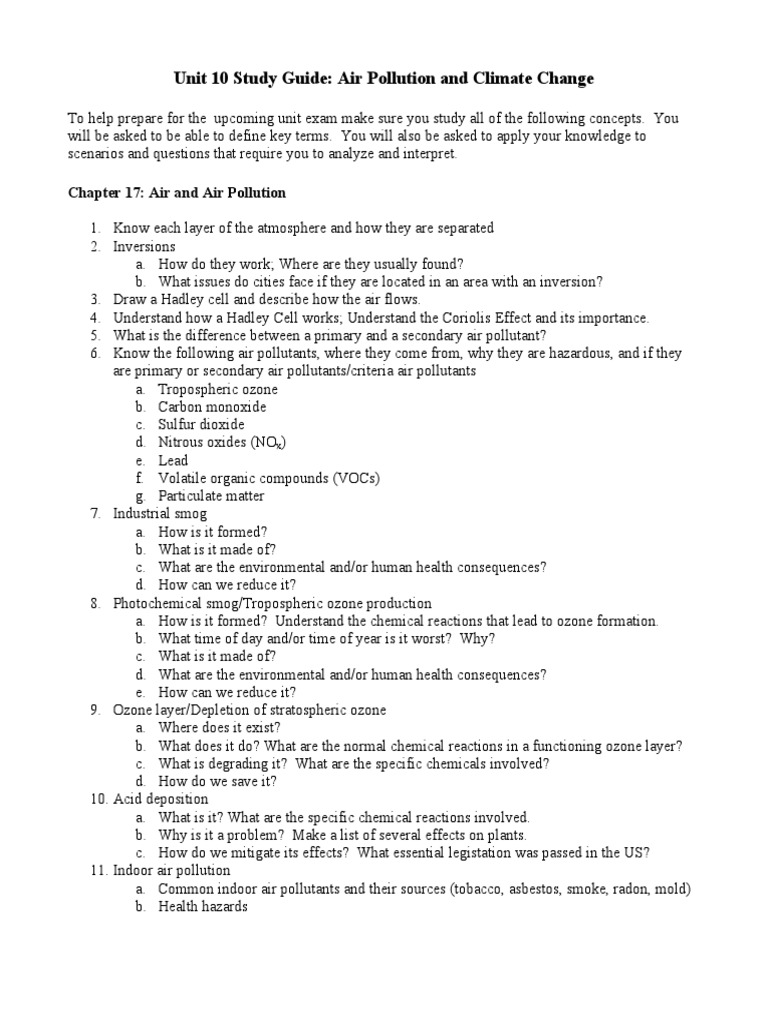 Unit 10 Study Guide - Air Pollution and Climate Change | PDF