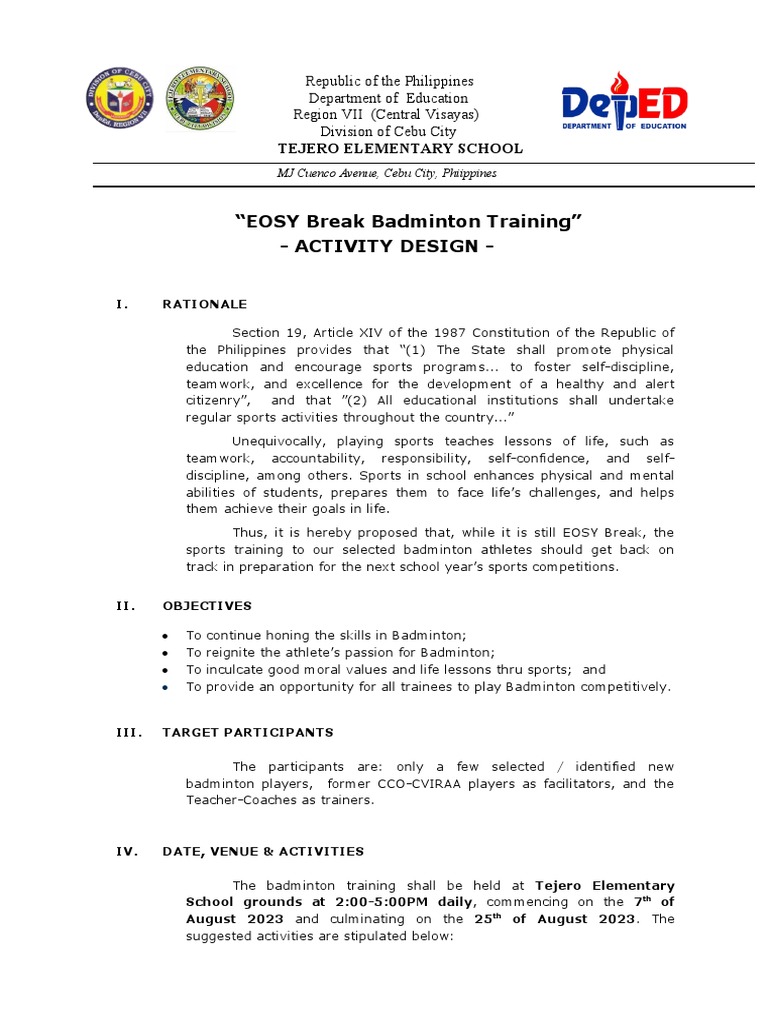 ACTIVITY DESIGN Badminton Training | PDF | Disciplines | Learning