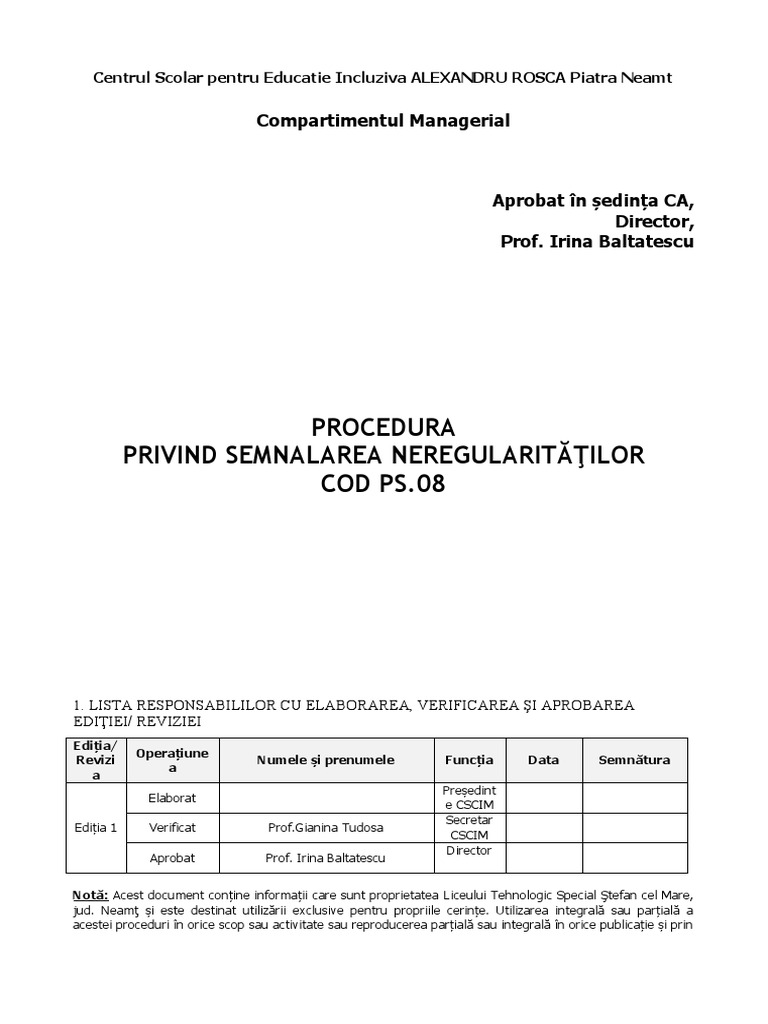 PS 08 Procedura Semnalarea Neregularitatilor | PDF