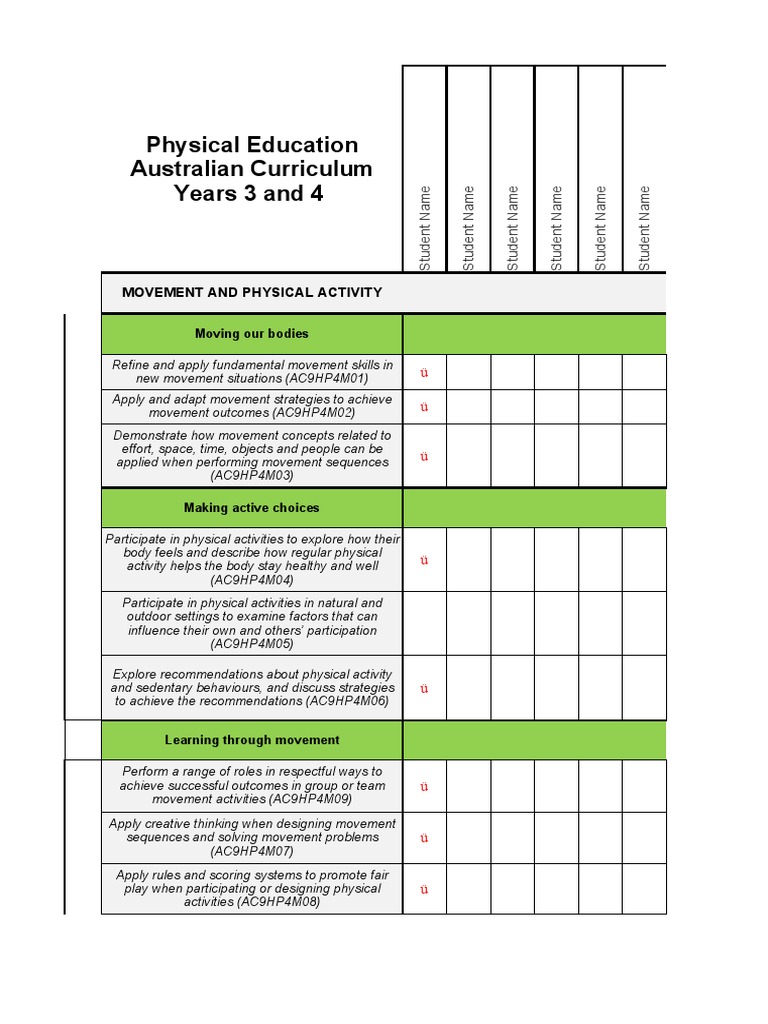 Au Pe 2548567 Physical Education Assessment Tracker Year Band 3 4 Ver 7 ...