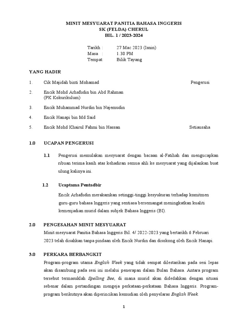 Minit Mesyuarat Panitia BI Bil. 1 2023-24 | PDF
