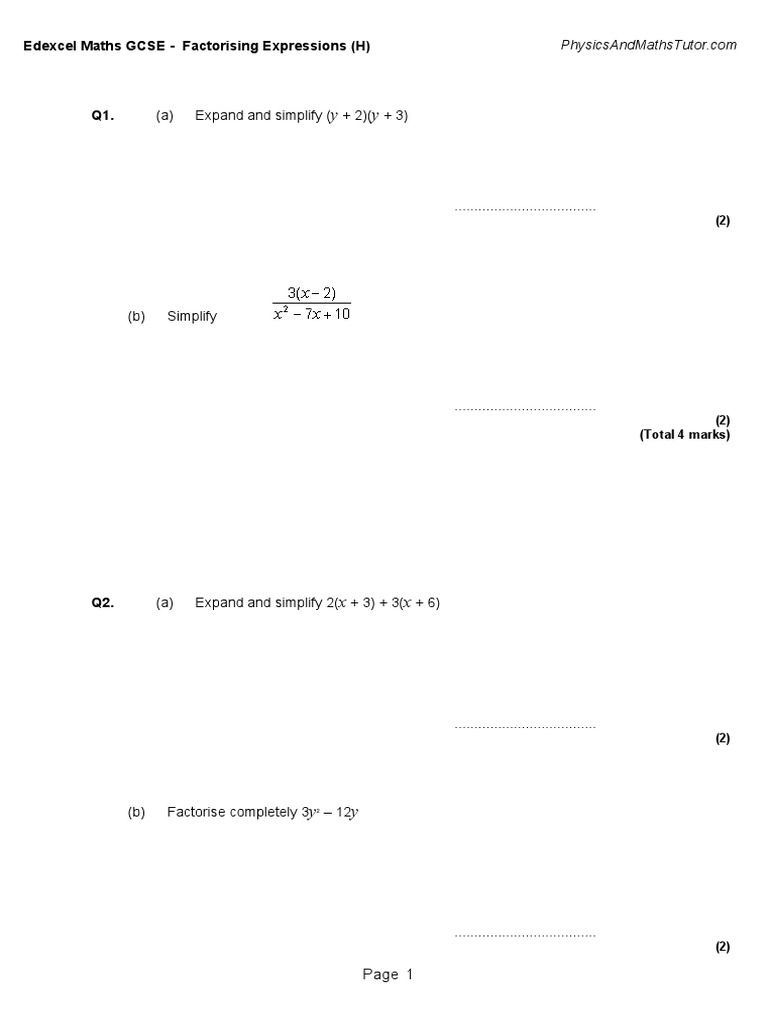 Factorising Expressions (H) | PDF | Teaching Methods & Materials
