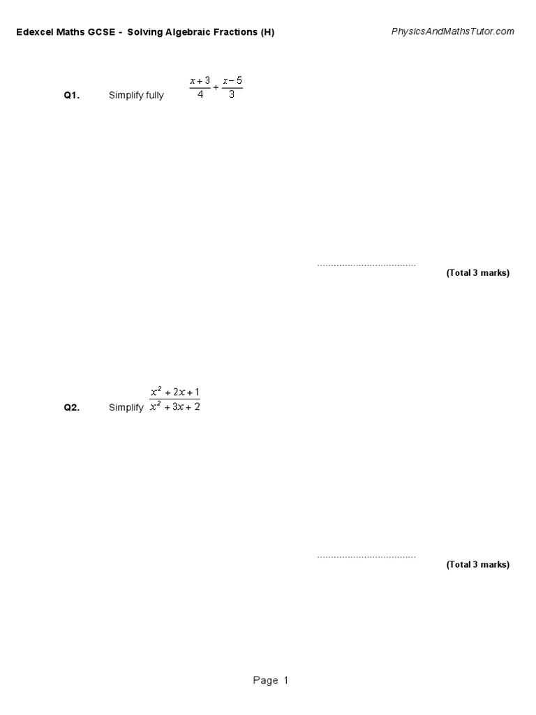 GCSE Algebraic Fractions Practice | PDF | Factorization | Arithmetic