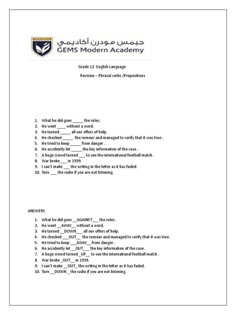 Phrasal Verbs Exercises for Grade 12 | PDF | Games & Activities ...