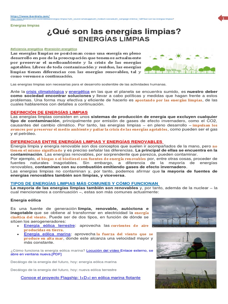 Energías Limpias: Definición y Tipos | PDF | Energía renovable | La ...