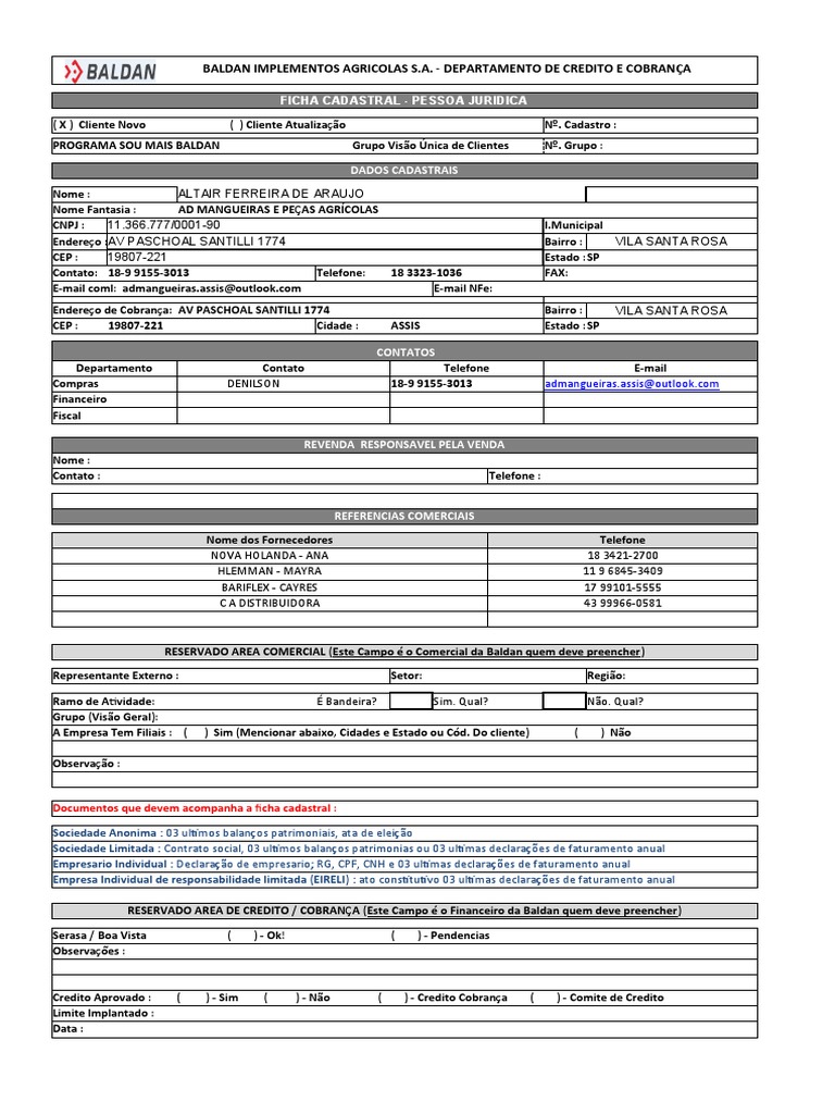 Ficha Cadastral CNPJ Nova-1 | PDF