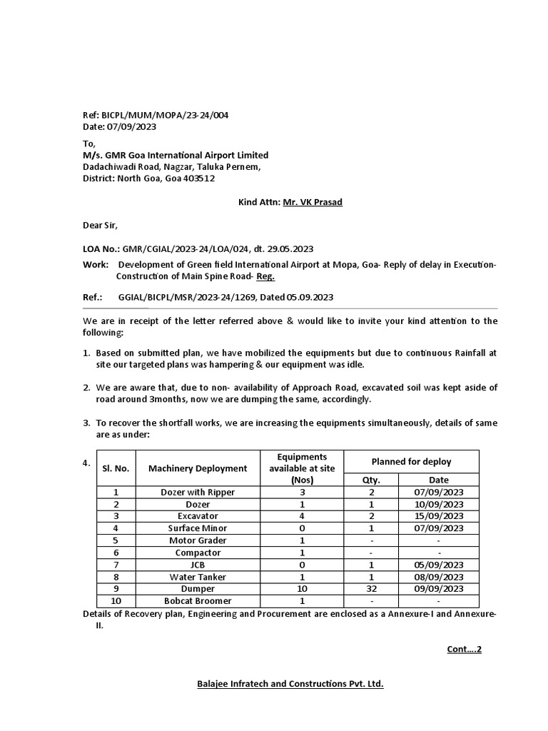 Reply of Delay in Execution | PDF | Equipment | Heavy Equipment