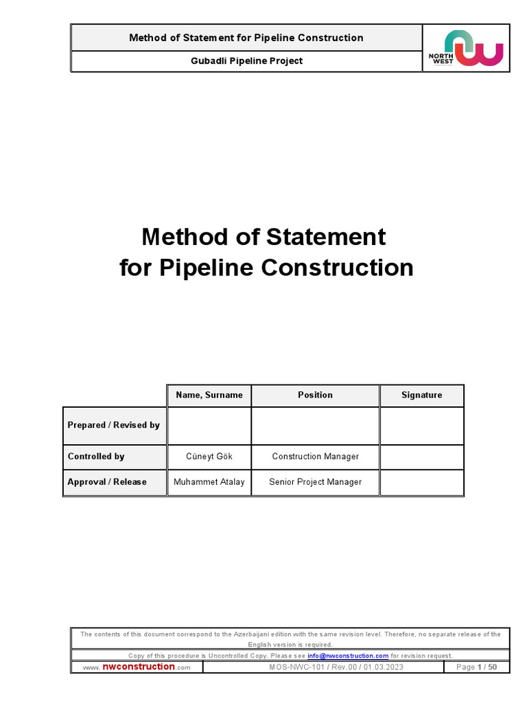 MOS-NWC-101 Method of Statement For Pipeline Construction | PDF ...