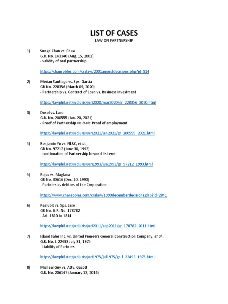Key Legal Cases on Partnership Law | PDF | Finance & Money Management ...