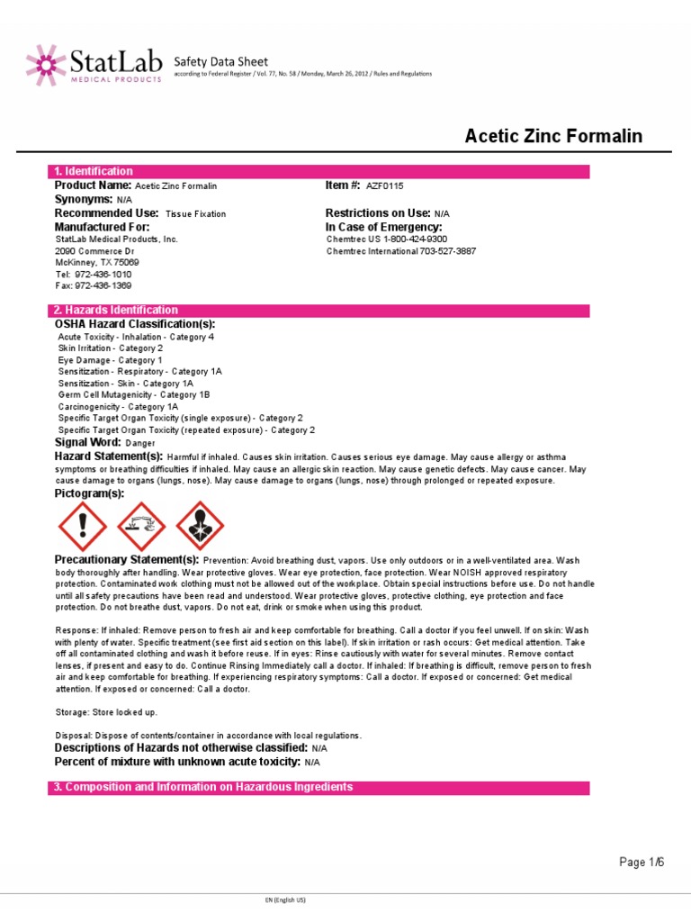 Acetic Zinc Formalin 101314 | Download Free PDF | Formaldehyde ...