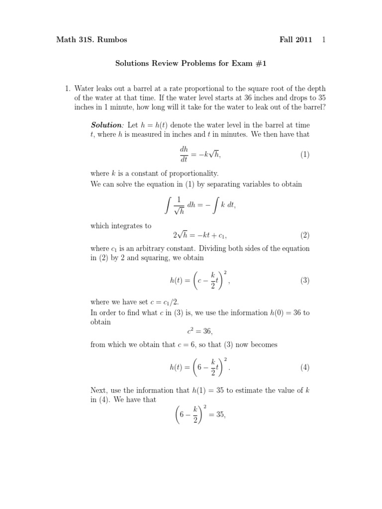 Exam 1 Review Problems Solutions | PDF | Equations | Exponential Function