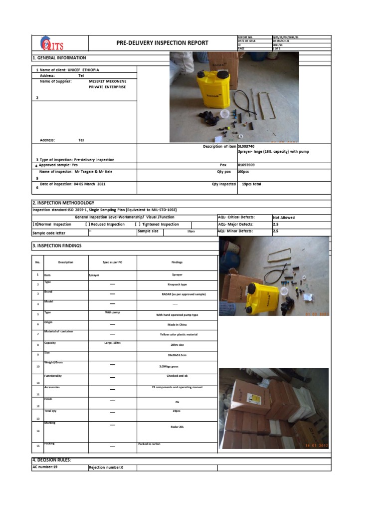 Pdi Report 0091 21 For Sprayer Meseret Mekonnen Po 81093909 | PDF