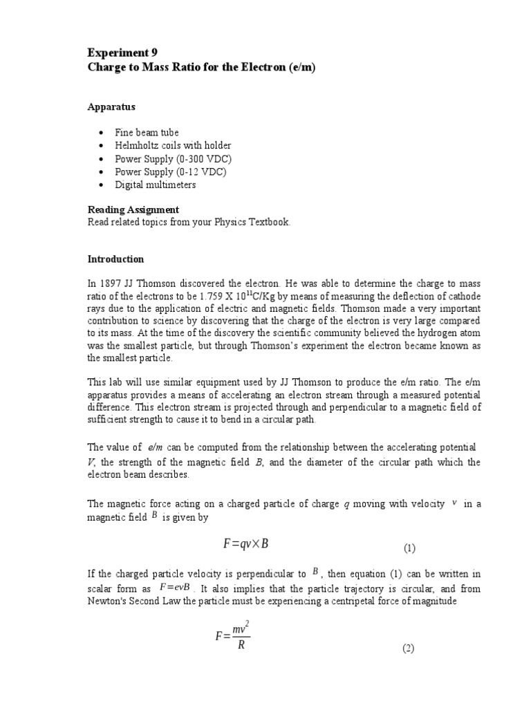 Charge to Mass Ratio of Electron Experiment | PDF | Electron | Mass To ...