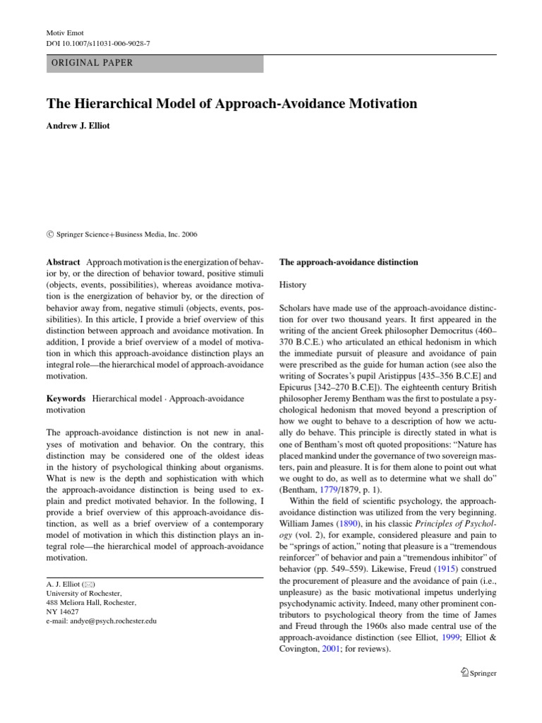The Hierarchical Model of Approach-Avoidance Motivation | PDF | Motivational | Motivation