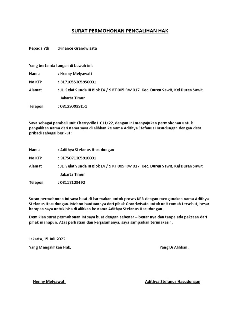 Surat Permohonan Pengalihan Hak Hc11-22 | PDF