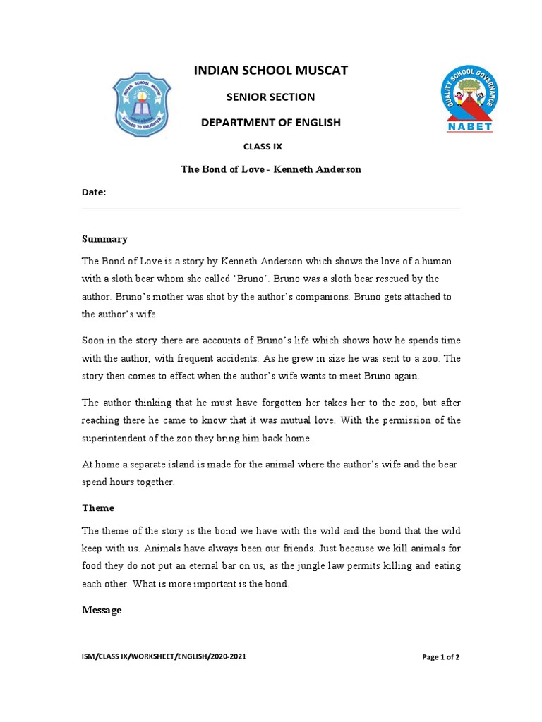 The Bond of Love: Class IX Worksheet | PDF | Love