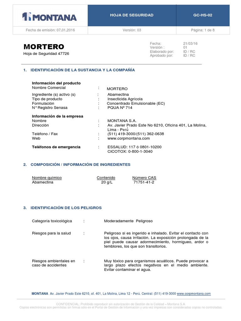 MONTANA Corp Formato Hoja de Seguridad Mortero OK | PDF
