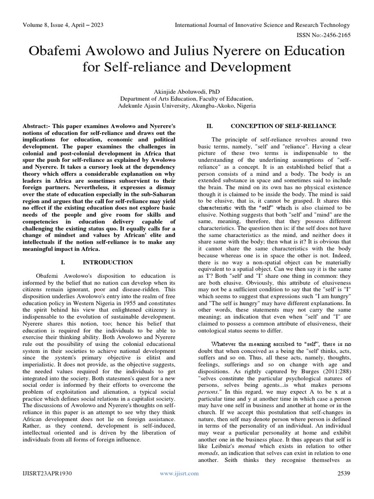 Obafemi Awolowo and Julius Nyerere On Education For Self-Reliance and Development | PDF | Julius ...