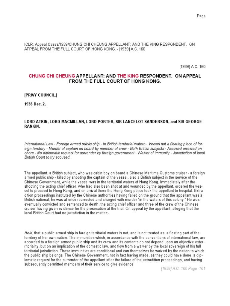 Chung Chi Cheung V The King | PDF | Sovereign Immunity | Jurisdiction