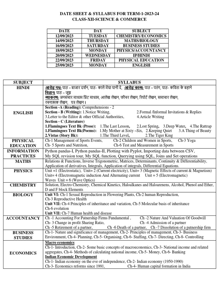 Term 1 Class Xii Date Sheet | PDF
