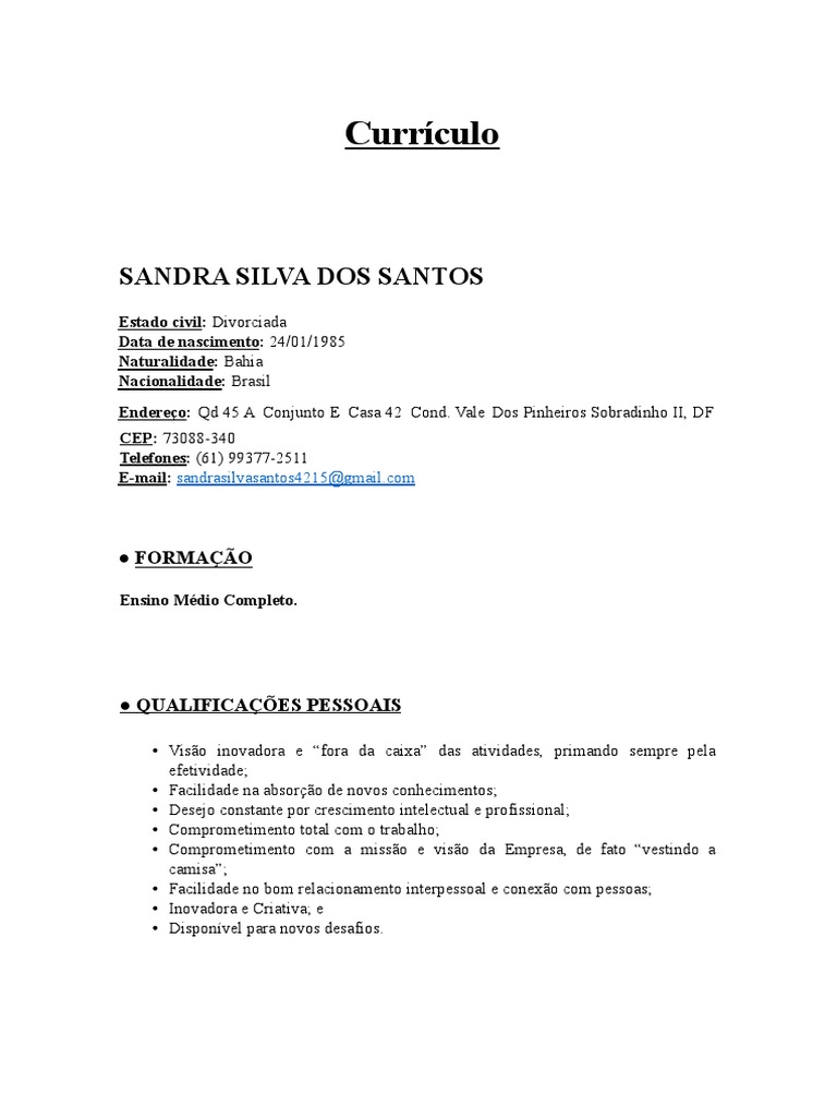 Currículo - Sandra Silva Dos Santos | PDF