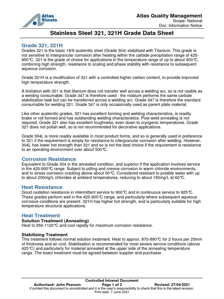Stainless Steel 321 321H Grade Data Sheet 27 04 21 | PDF