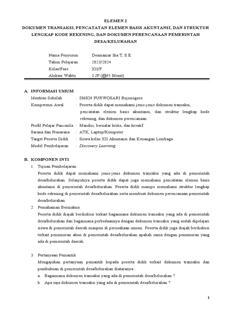 Modul Ajar Ak Desa Kls Xii SMKN Purwosari | PDF