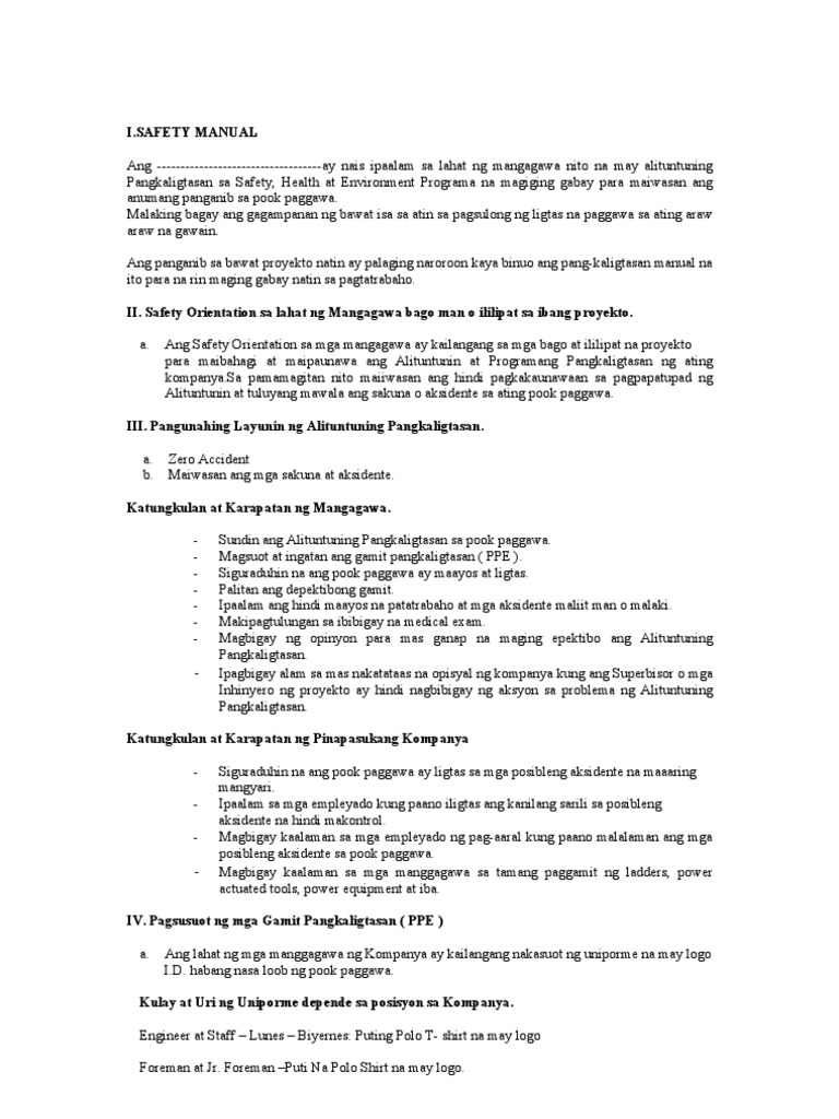 Jad Construction Safety Manual (Tagalog Version) | PDF