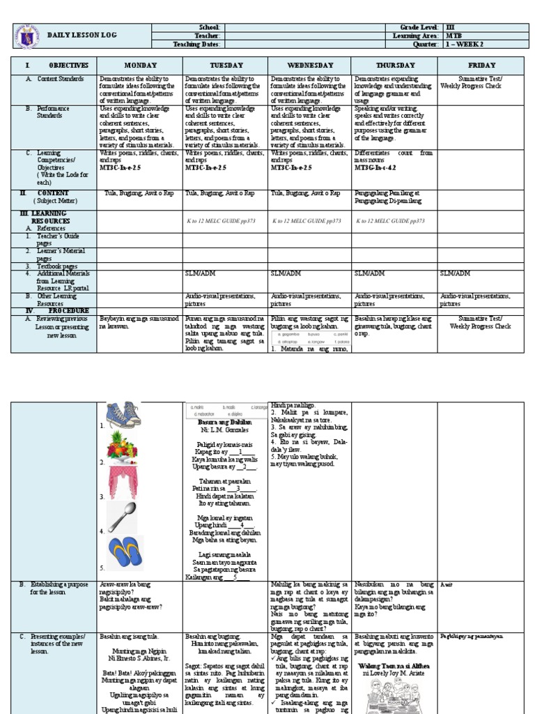 Daily Lesson Log School: Grade Level: III Teacher: Learning Area: MTB ...