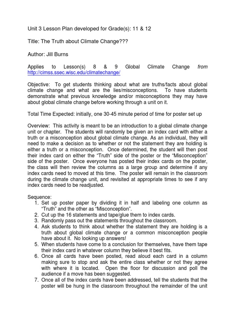 Unit 3 Lesson Plan Developed For Grade(s) : 11 & 12 Title: The Truth About Climate Change ...