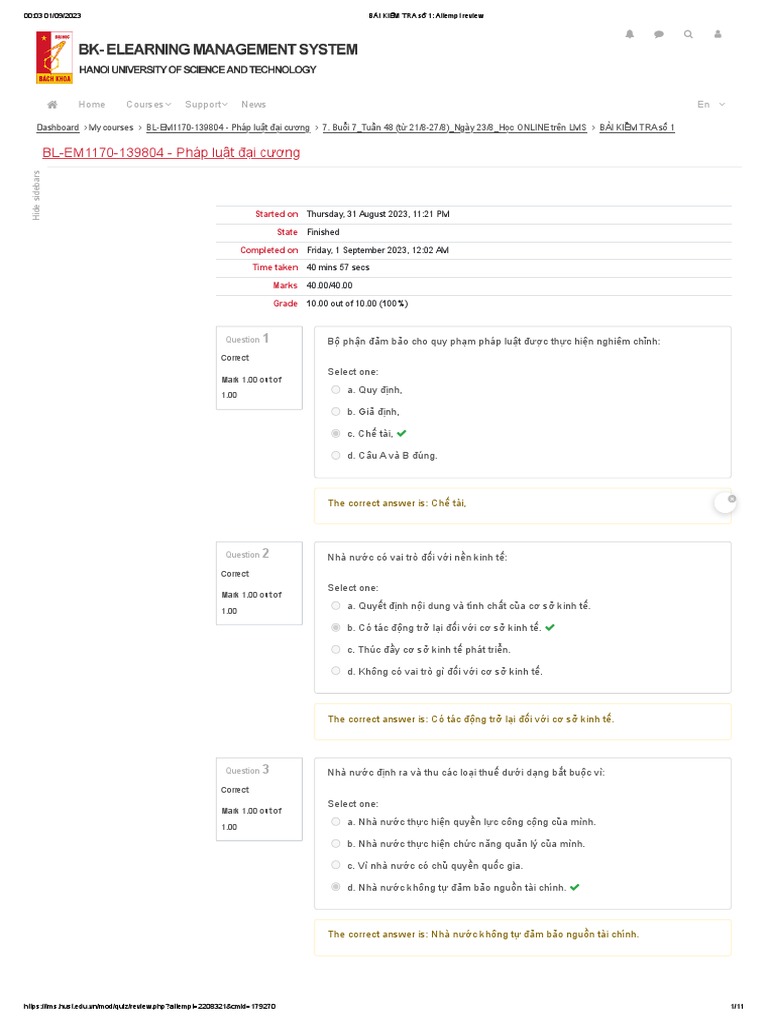 BÀI KIỂM TRA số 1 - Attempt review | PDF