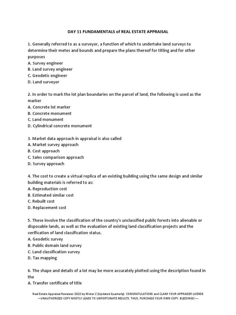 Day 11 Fundamentals of REA Exam | PDF | Real Estate Appraisal | Surveying