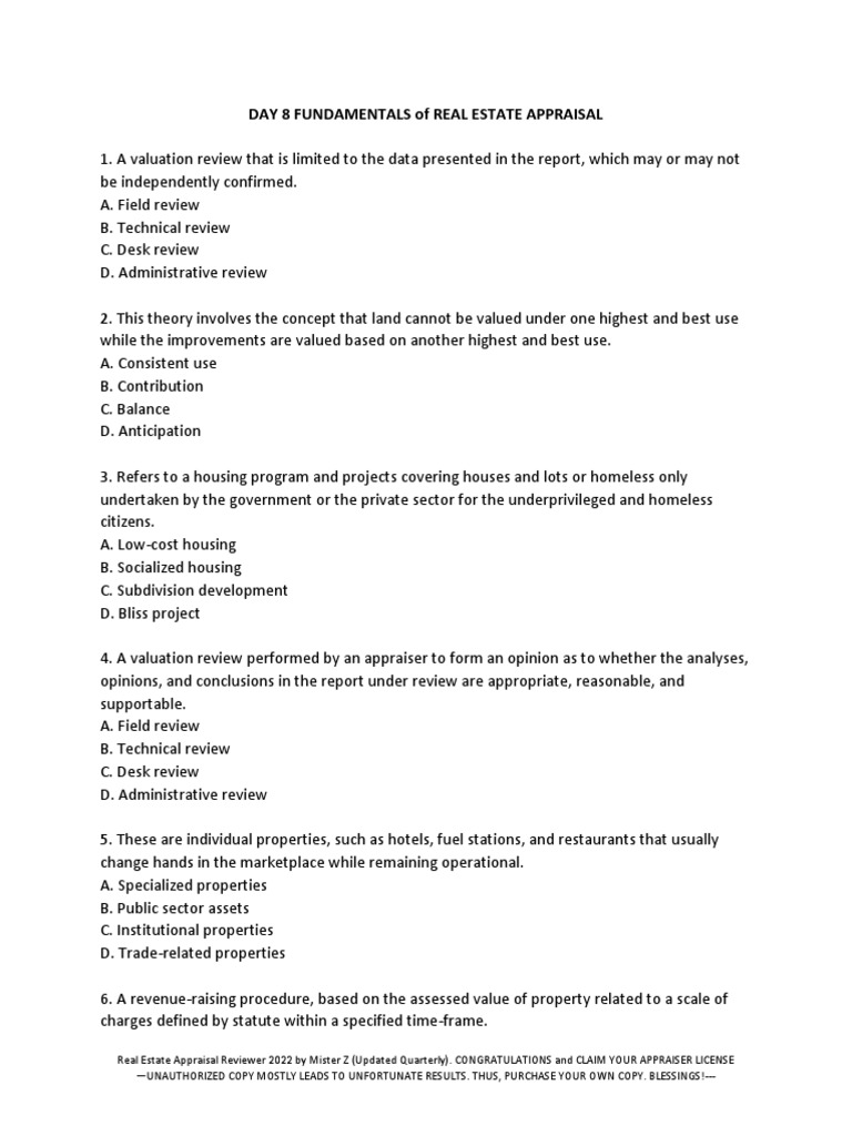 Day 8 Fundamentals of REA Exam | PDF | Real Estate Appraisal | Lease