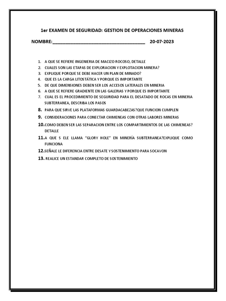 Examen Gestion de Operaciones Mineras | PDF